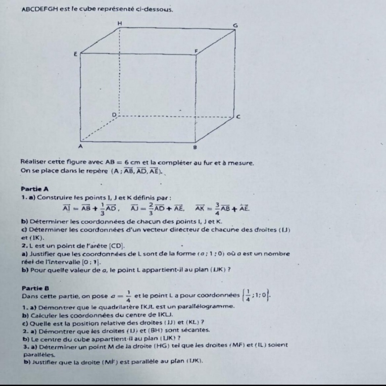 Vecteurs, droites et plans de l'espace : exercice de mathématiques de ...